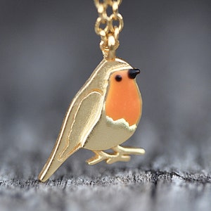 Dainty Robin Bird Necklace. Gold Plated Sterling and Orange Enamel ...