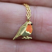 Dainty Robin Bird Necklace. Sterling Silver and Orange Enamel. Nature ...