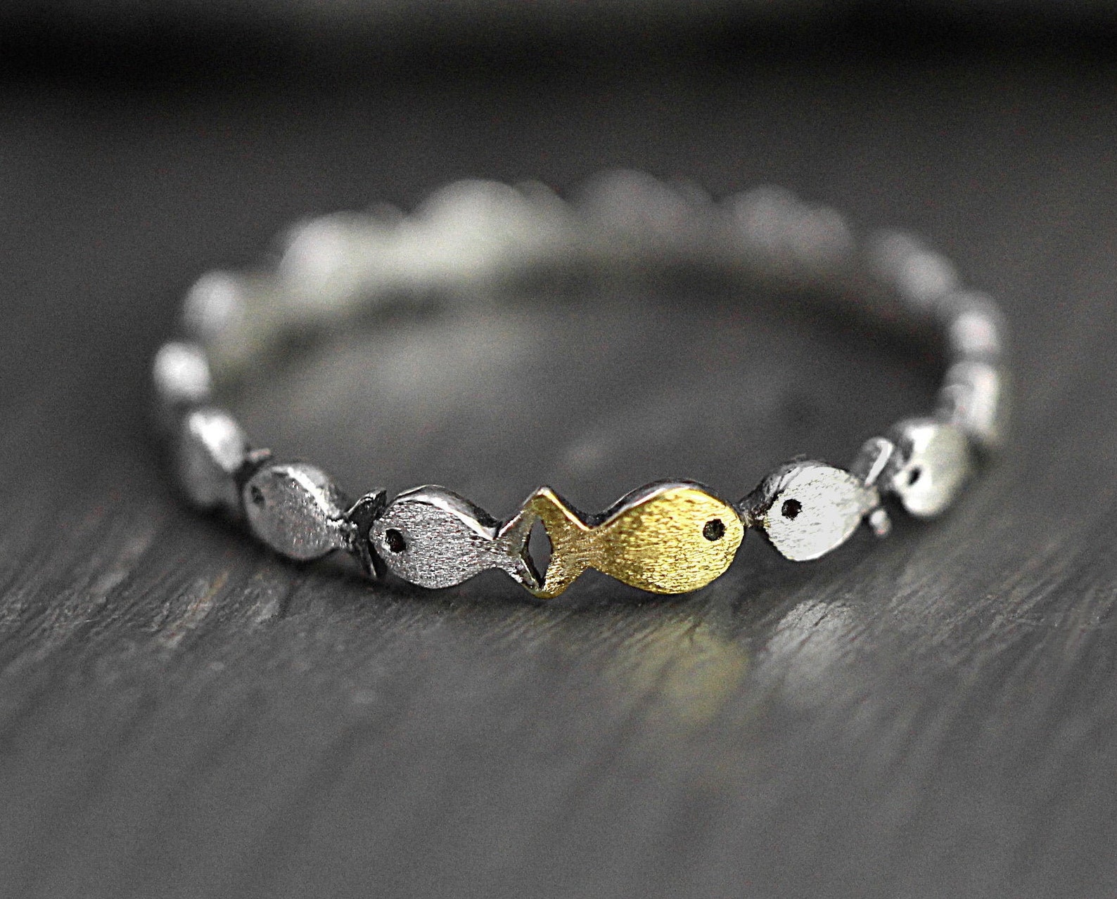 Against the Current. Dainty Sterling Silver Ring. One Golden Fish ...