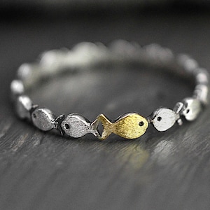 Against the Current. Dainty Sterling Silver Ring. One Golden Fish ...