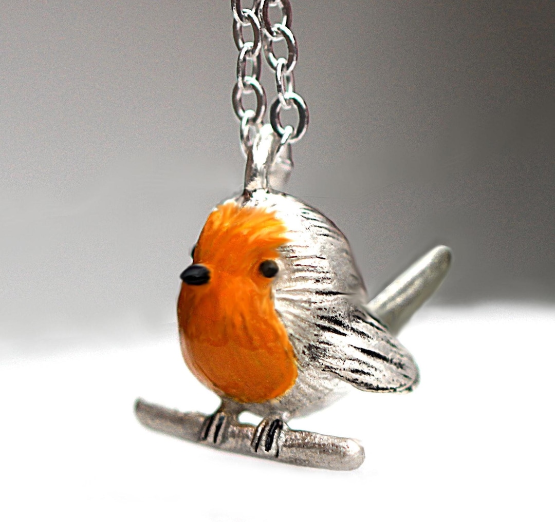 3D Red Robin Bird Necklace: 925 Sterling Silver & Orange Enamel. Unique ...