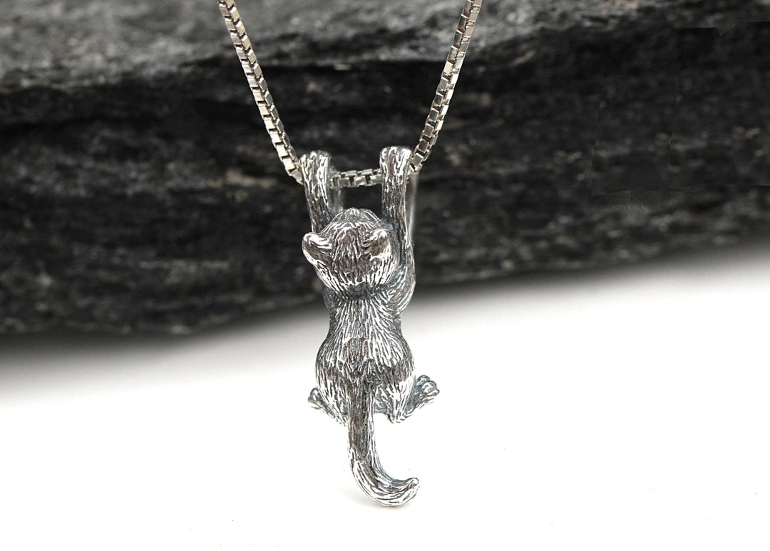 Sterling Silver Cat Necklace. Climbing Kitten Necklace. Unique Handmade ...
