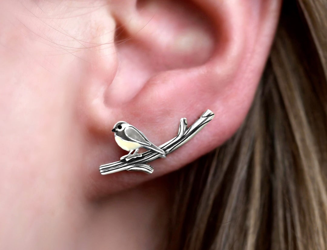 Chickadee Bird Ear Climbers. Sterling Silver & Enamel. Just 1 Ear Hole ...
