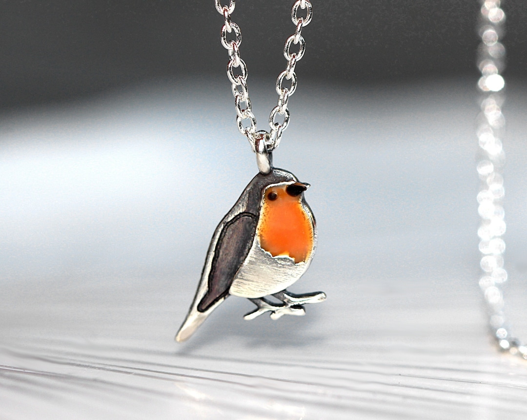 Dainty Robin Bird Necklace. Sterling Silver and Orange Enamel. Nature ...