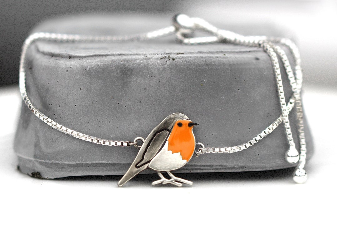 Red Robin Bird Slider Bracelet. Sterling Silver and Orange Enamel ...