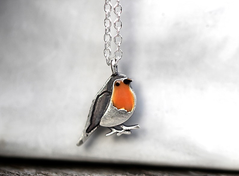 Dainty Robin Bird Necklace. Sterling Silver and Orange Enamel. - Etsy