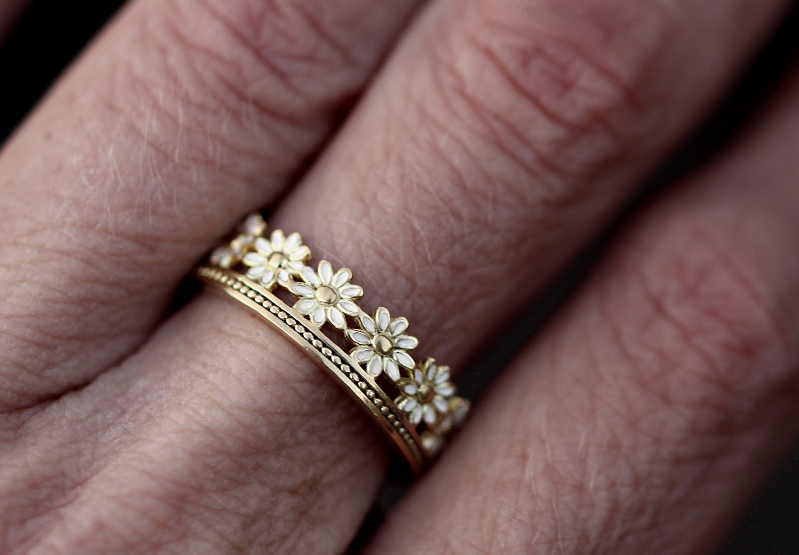 Daisy Ring. Gold Over Sterling and White Enamel. Dainty Adjustable ...