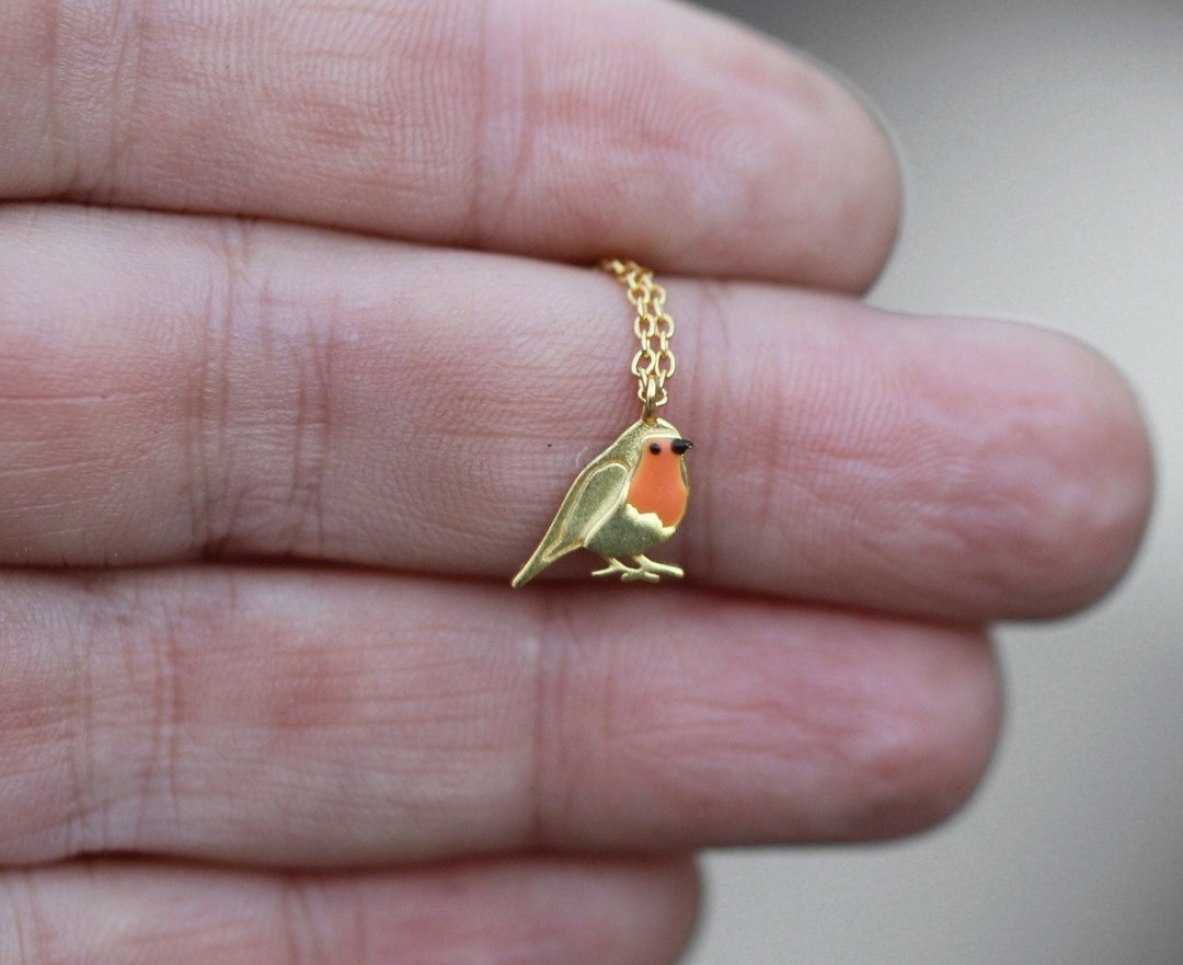 Dainty Robin Bird Necklace. Gold Plated Sterling and Orange Enamel ...