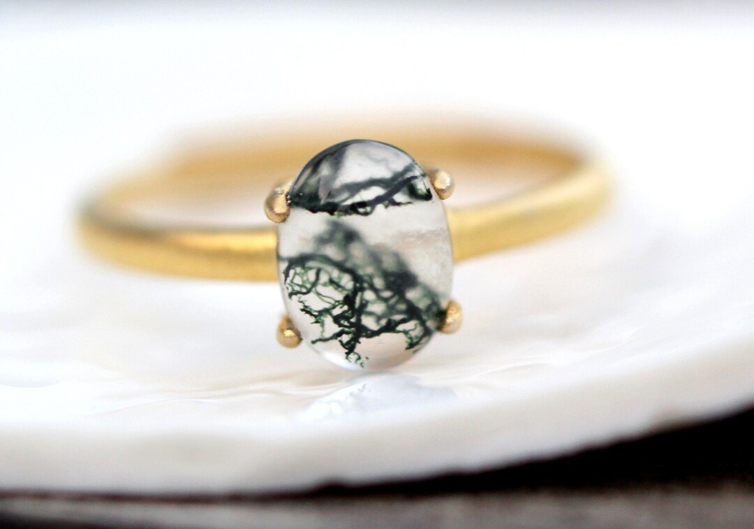 New: Dainty Natural Tree Agate Ring. Vermeil Gold. Moss Agate - Etsy