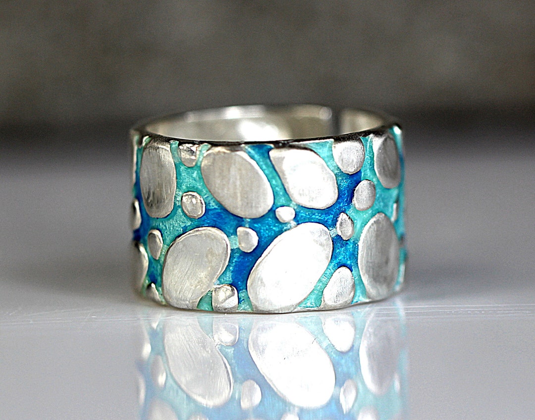 River Bed Silver Ring. Blue Turquoise Enamel & Sterling Silver Pebble ...