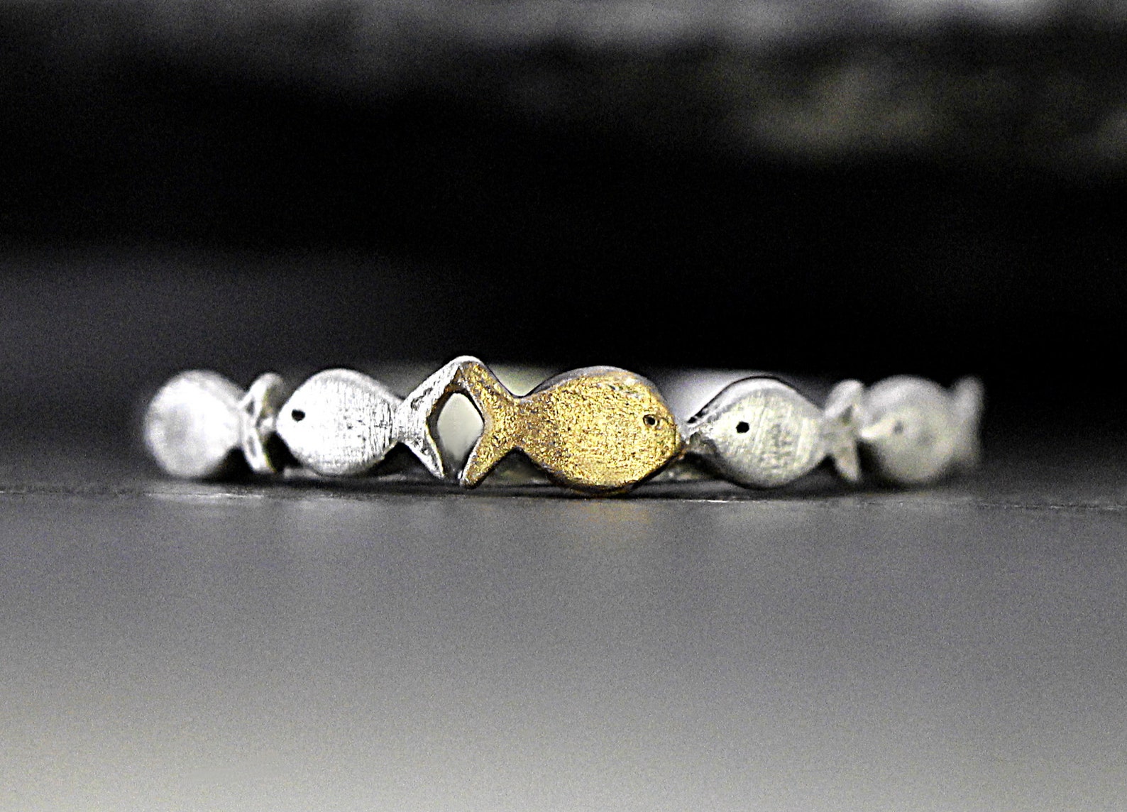 Against the Current. Dainty Sterling Silver Ring. One Golden Fish ...