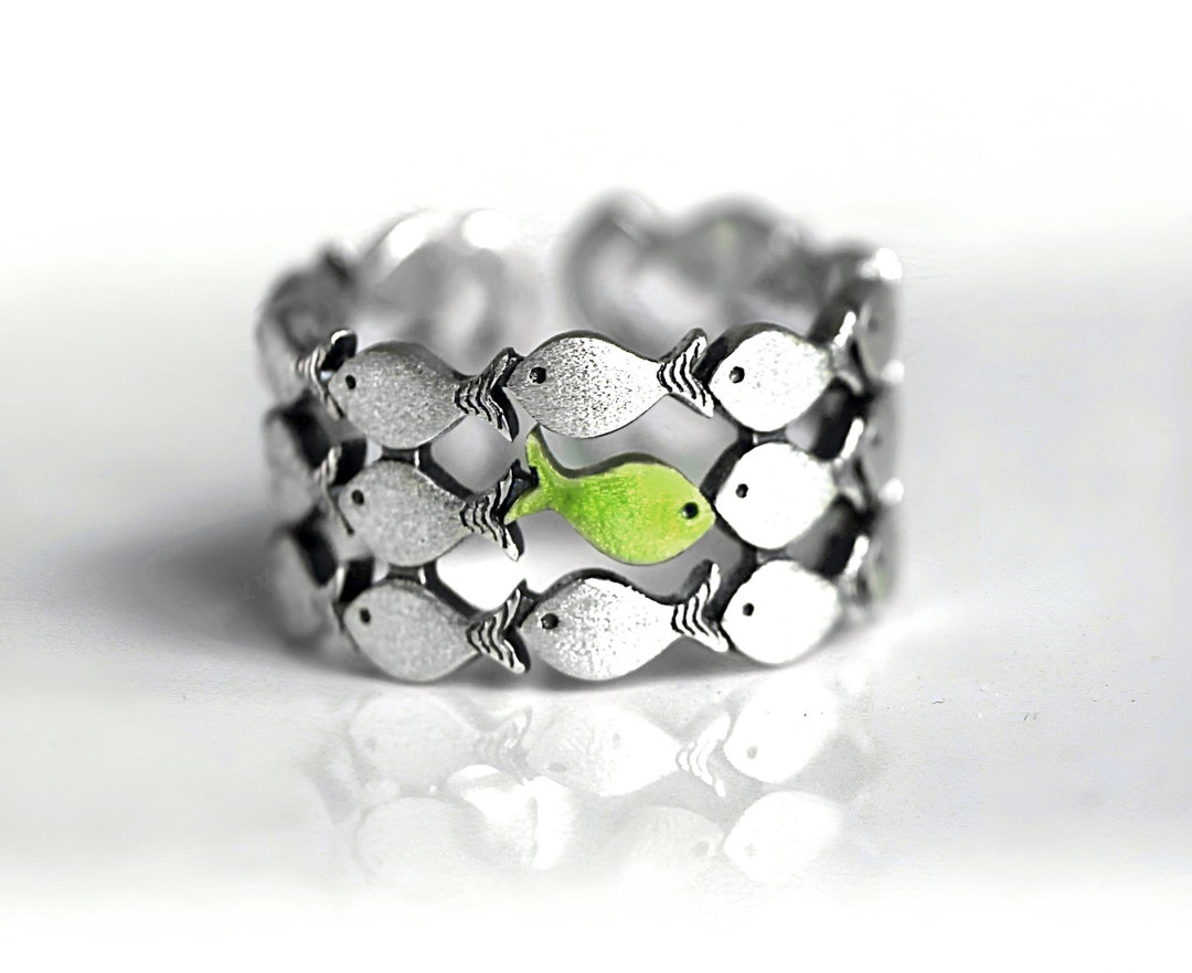 Swimming Against the Current. Sterling Adjustable Ring. School of Fish ...