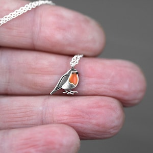 Dainty Robin Bird Necklace. Sterling Silver and Orange Enamel. Nature ...