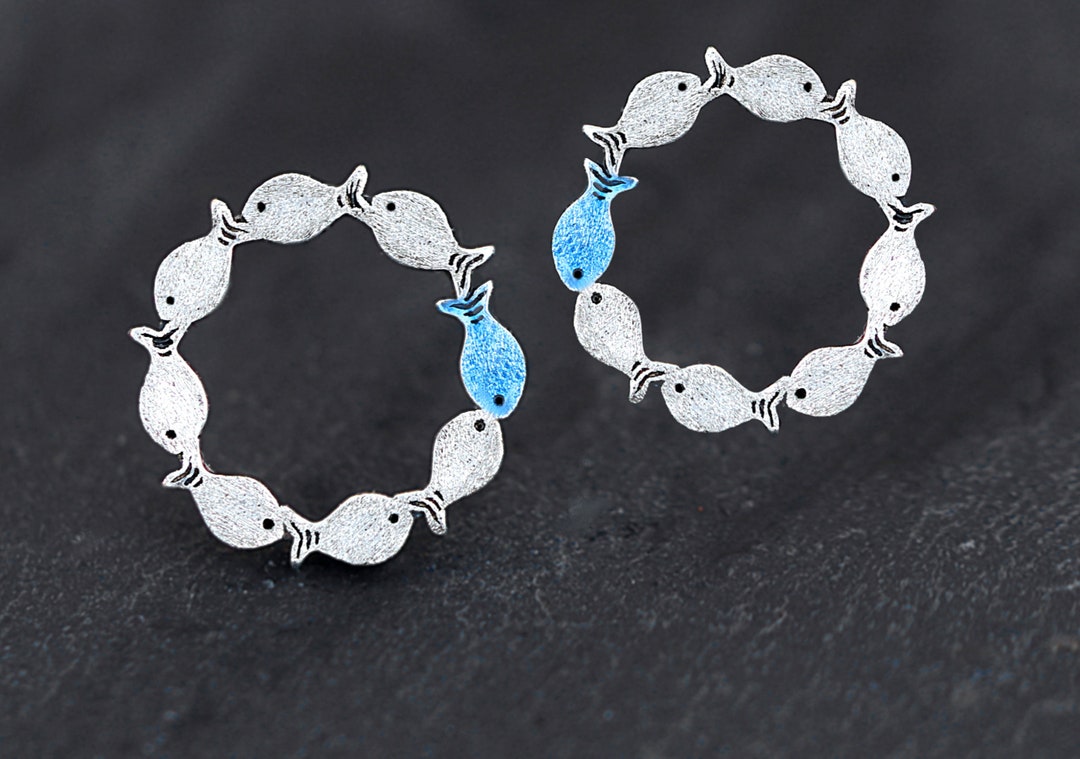 Swimming Against the Current. Solid Sterling Silver Circle Stud Earrings. School of Fish With ...