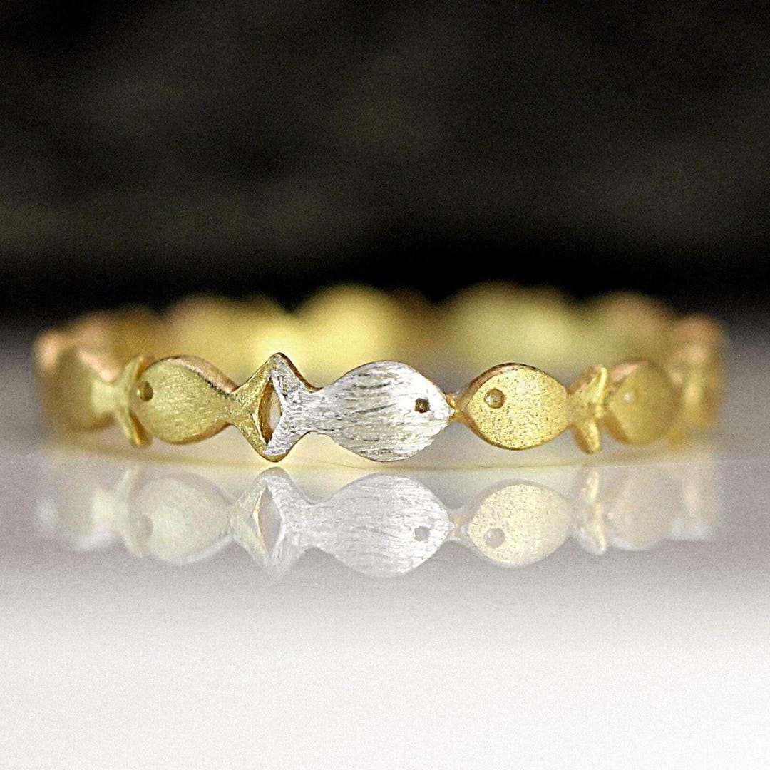 Swimming Against the Current. Dainty Silver Gold Ring. School of Fish ...