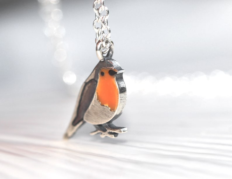 Dainty Robin Bird Necklace. Sterling Silver and Orange Enamel. - Etsy