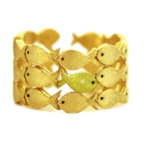 Against the Current. Gold Vermeil Fish Ring With One Light Green Enamel ...