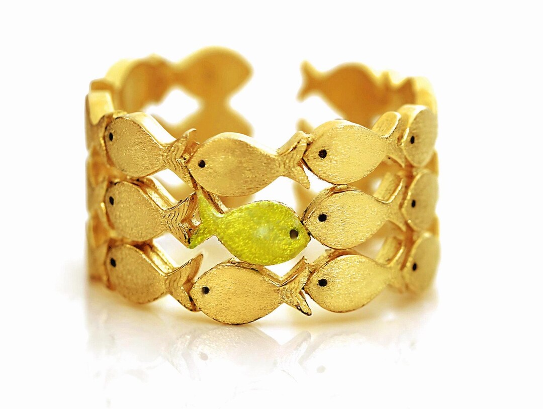 Against the Current. Gold Vermeil Fish Ring With One Light Green Enamel ...