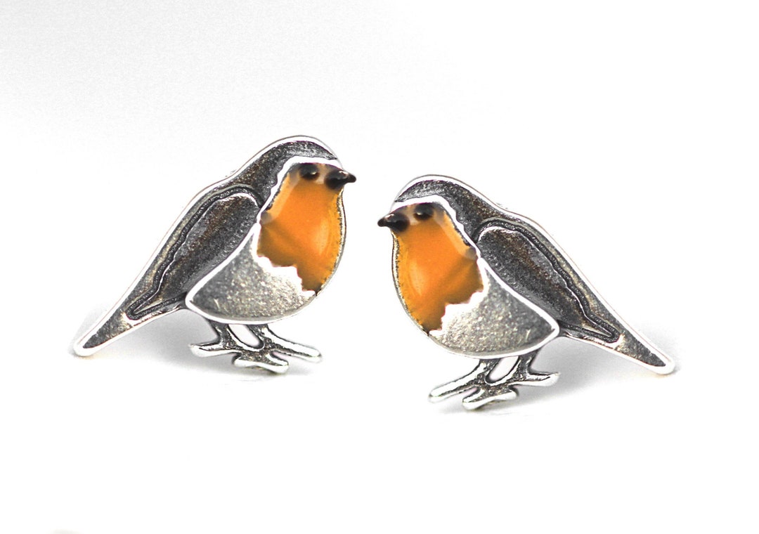 Red Robin Bird Stud Earrings. Small Robin Birds With Orange Enamel ...