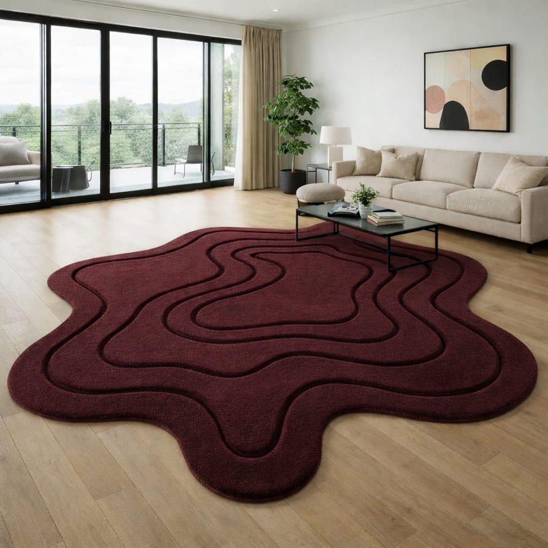 Abstract Wavy Rug, Burgundy Maroon Irregular Carpet, Modern Home Decor ...