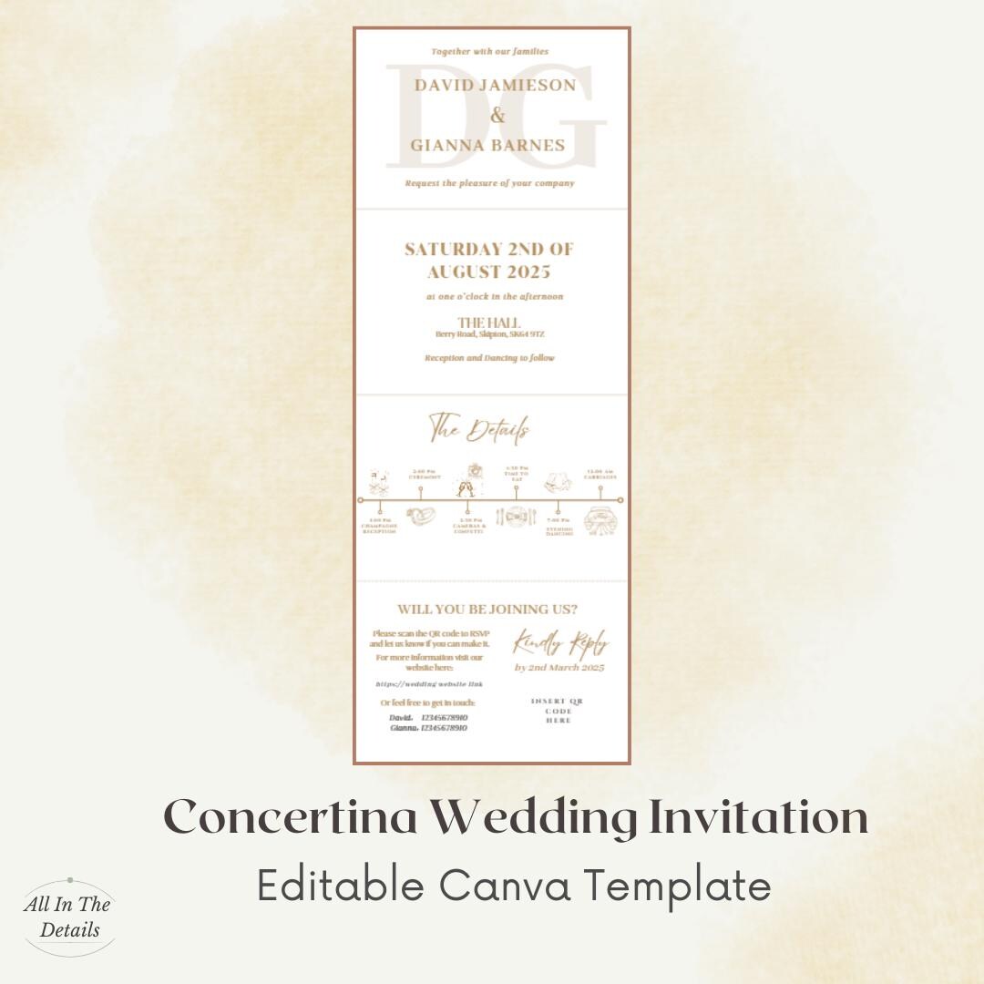 Modern Concertina Wedding Invitation - Editable Canva Template (digital ...