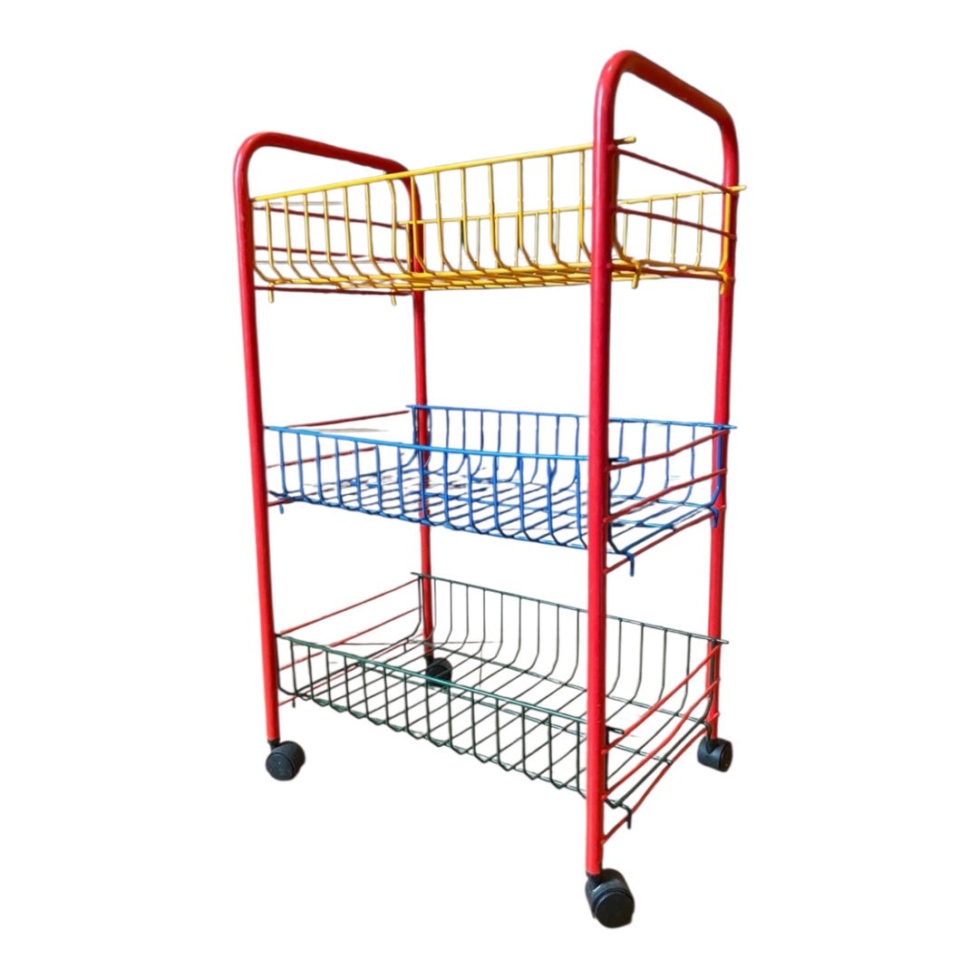 Vintage Memphis Style Rolling Storage Trolley, Multicolored Basket Rack ...