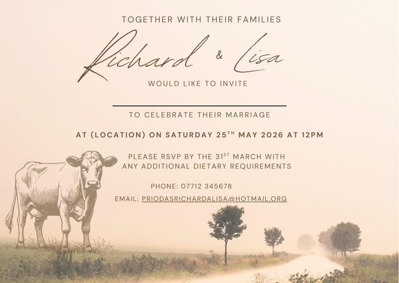 Editable Wedding Invitation Cow on Country Lane Invite DIGITAL DOWNLOAD ...