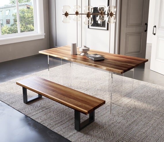 Exotic Hardwood Live edge Dining Table and Bench COMBO Solid Acacia Wood Table and Bench Modern Rustic Style Acrylic Legs UMBUZO Etsy