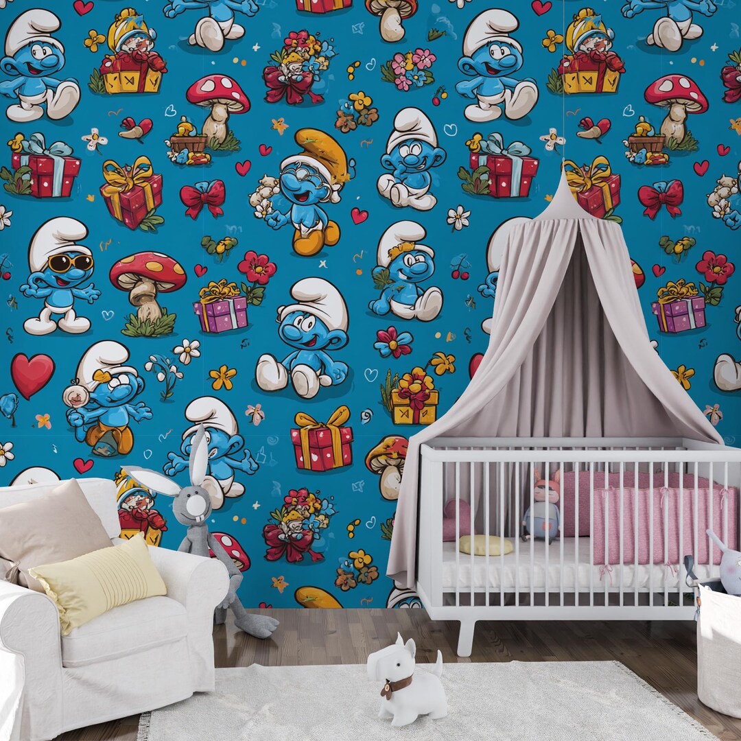 Cute Smurfs Cartoon Pattern Wallpaper – Blue Kids Room Wall Mural ...