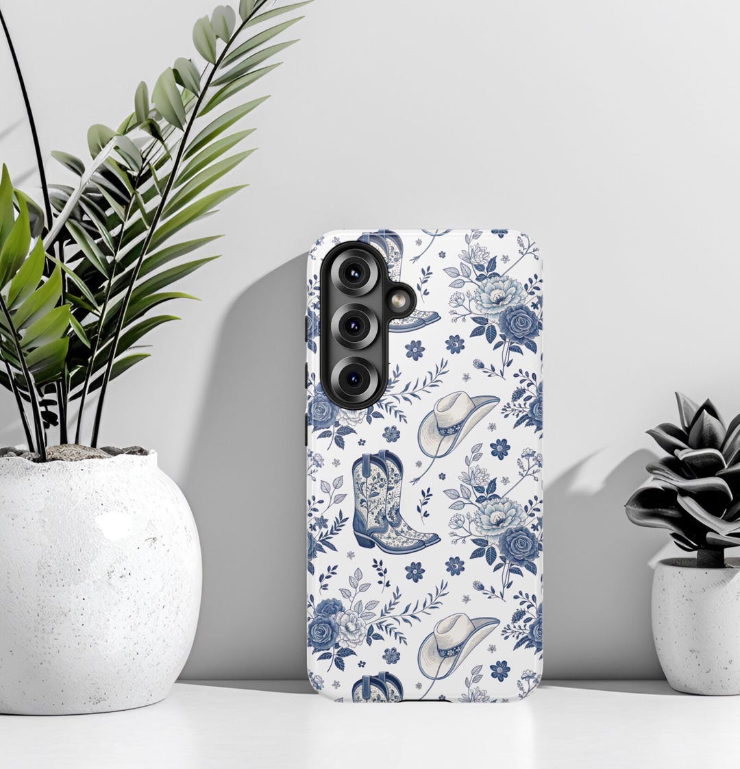 Western Blue Floral Cowboy Boot and Hat Phone Case Vintage Country ...