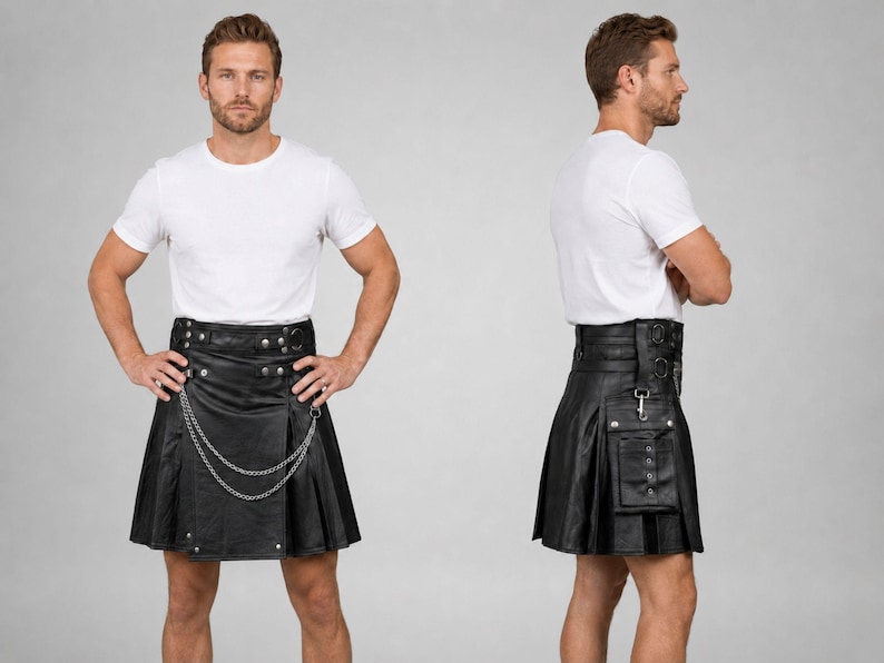 Scottish men's leather kilt custom adjustable gothic utility D ring ...