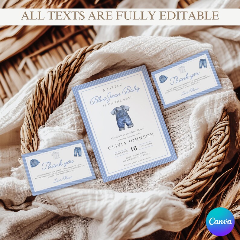 Denim Baby Shower Invitation Set, Blue Jean Baby Theme, 6 Canva ...