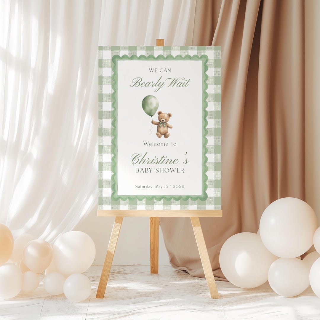 Teddy Bear Baby Shower Welcome Sign, We Can Bearly Wait, Sage Green ...