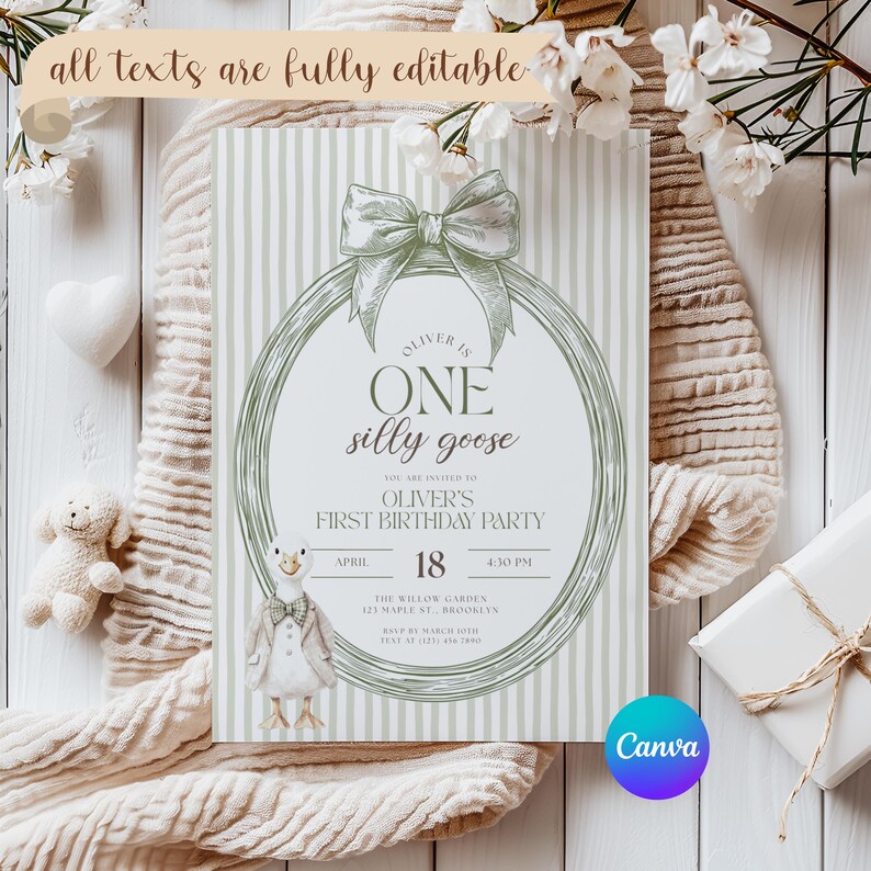 One Silly Goose 1st Birthday Invitation, Whimsical Green Theme ...