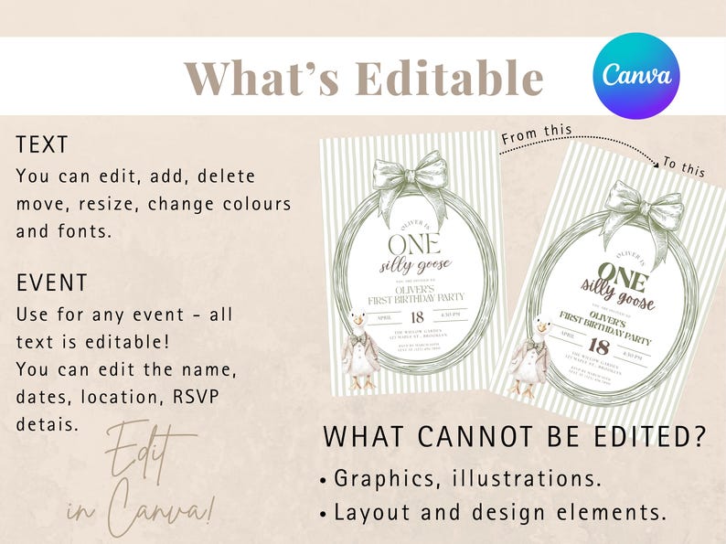 One Silly Goose 1st Birthday Invitation, Whimsical Green Theme ...