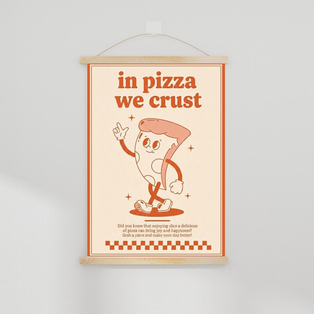 In Pizza We Crust Wall Art, Retro Cartoon Pizza Illustration, Humorous ...