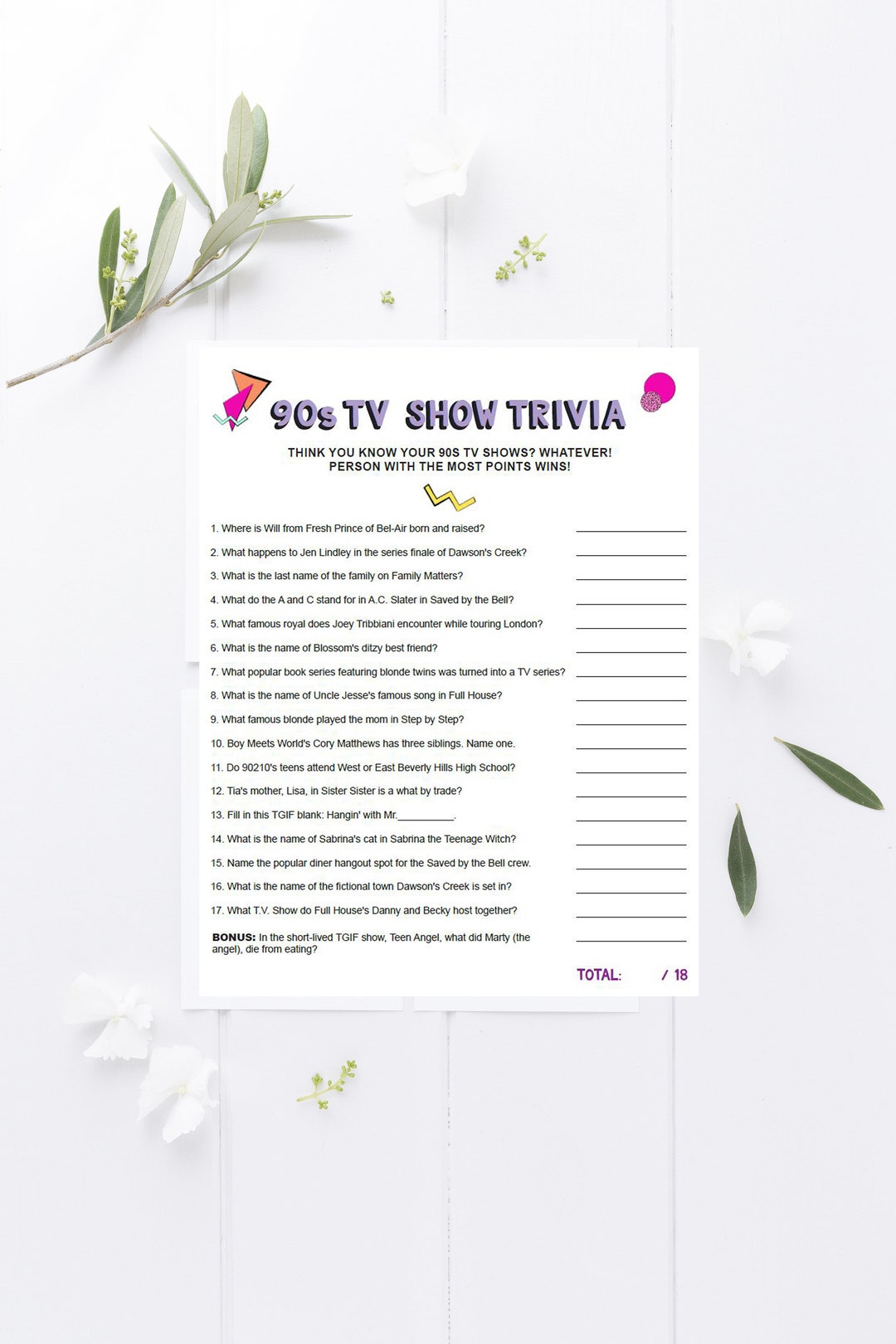 90s TV Show Trivia Game Printable, 90's Tv Trivia, 90s Party, 90s ...