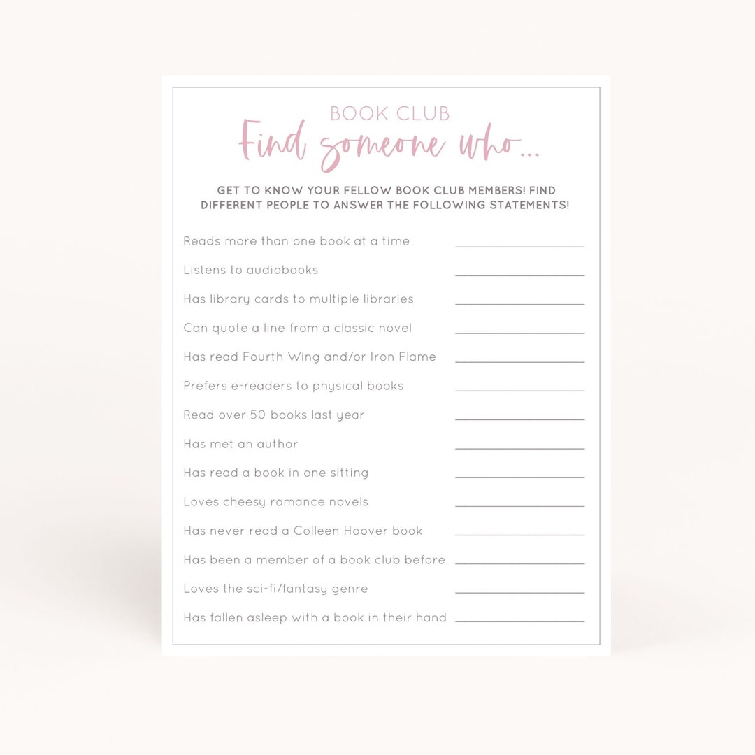 Book Club Find Someone Who Game Printable, Book Club Game, Book Theme ...