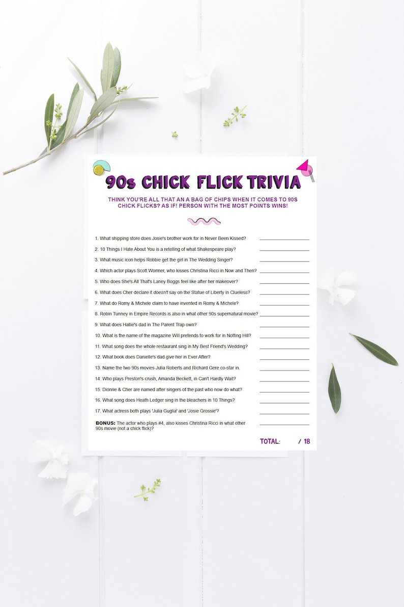 90s Chick Flick Trivia Game Printable 90's Chick Flick | Etsy