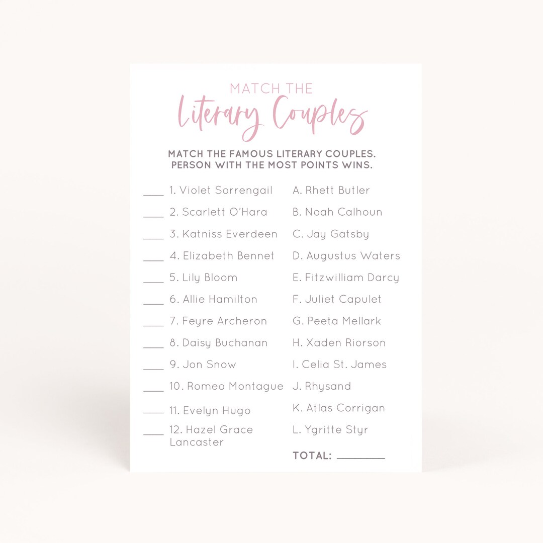 Book Club Literary Couples Game Printable, Book Club Matching Game ...