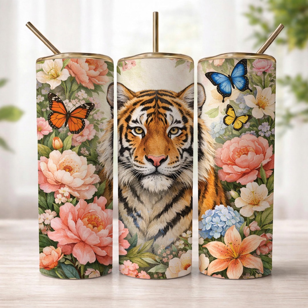 Tiger Tumbler Wrap PNG, Floral Tiger Butterfly Design, 20oz Skinny ...