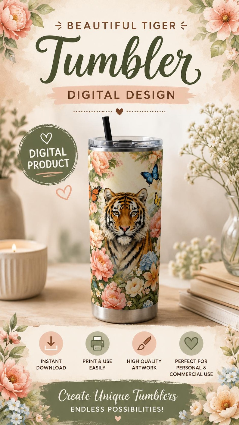Tiger Tumbler Wrap PNG, Floral Tiger Butterfly Design, 20oz Skinny ...