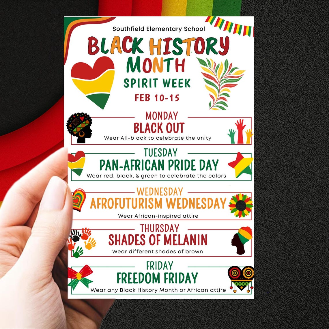Black History Month Spirit Week Flyer | School February Dress up Days ...