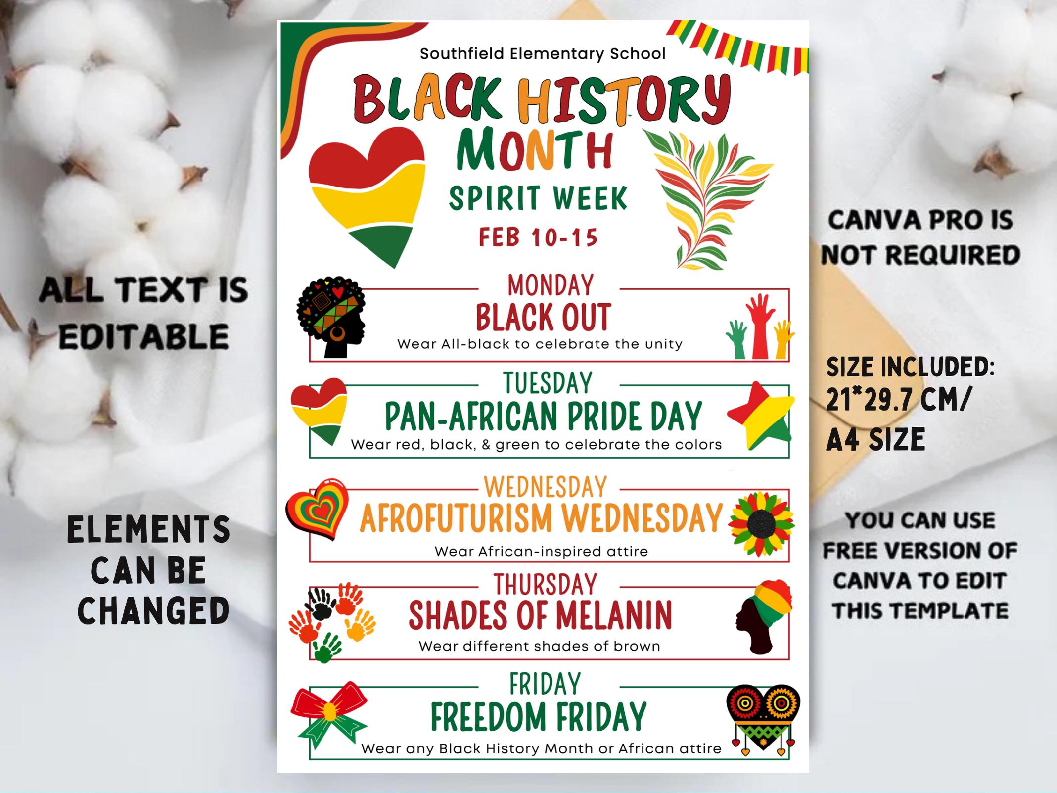 Black History Month Spirit Week Flyer | School February Dress up Days ...