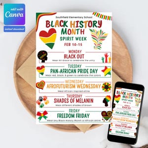 Black History Month Spirit Week Flyer | School February Dress up Days ...
