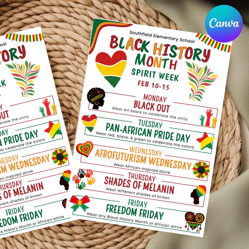 Black History Month Spirit Week Flyer | School February Dress up Days ...