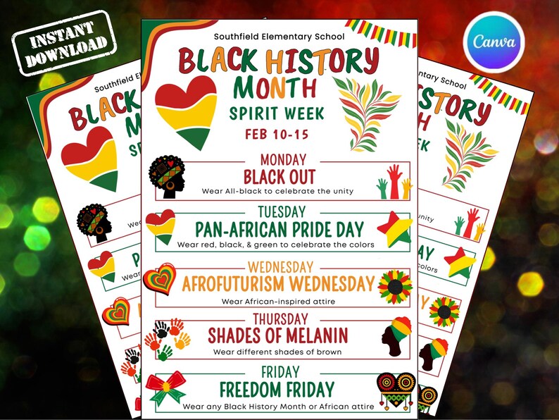 Black History Month Spirit Week Flyer | School February Dress up Days ...