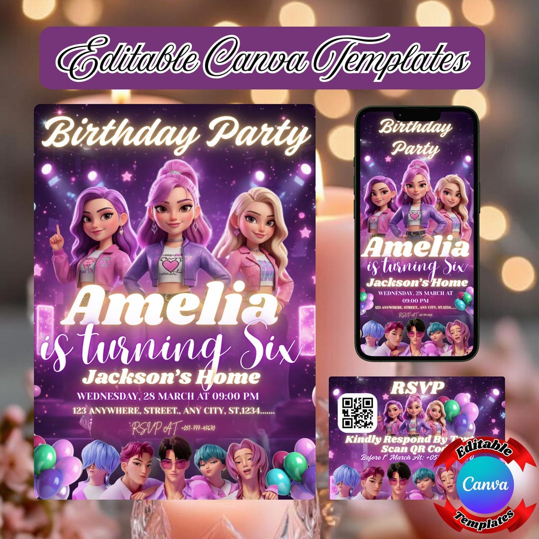 KPOP Anime Birthday Invitation | Editable Canva Template - Etsy