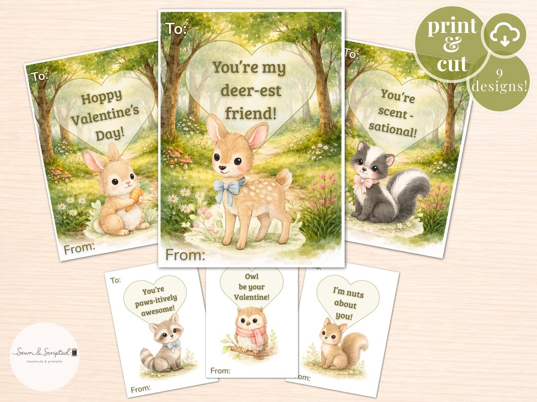 Printable Valentines for Kids, Classroom Woodland Animal Valentine ...