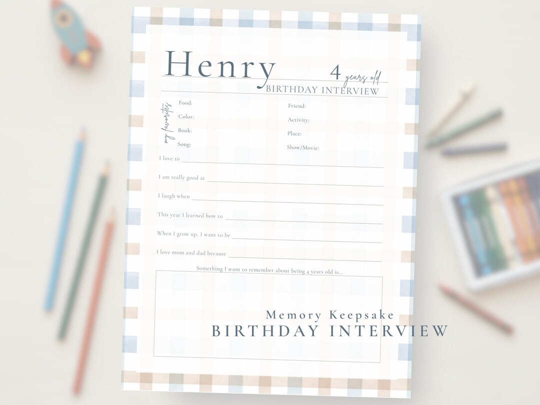 Blue Gingham Editable Birthday Interview Keepsake: Kids Memory Journal ...